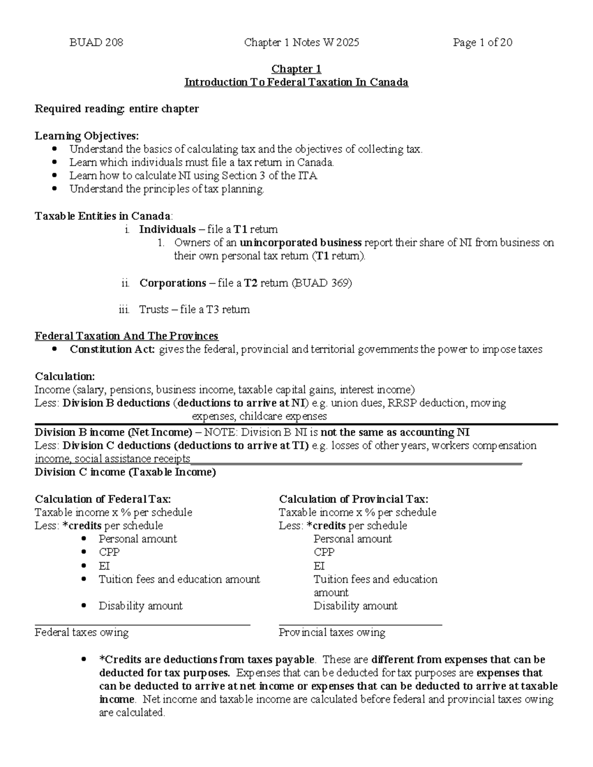 Chapter 1 Notes: Introduction to Federal Taxation in Canada (BUAD 369 ...