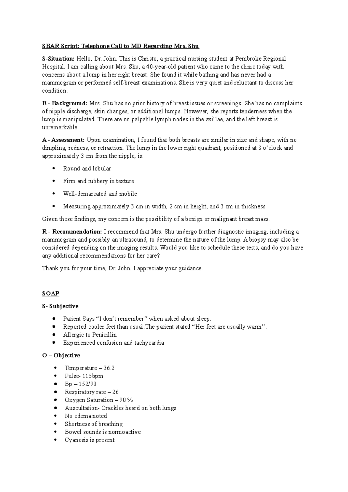 SBAR script for telephone call to MD regarding patient assessment - Studocu