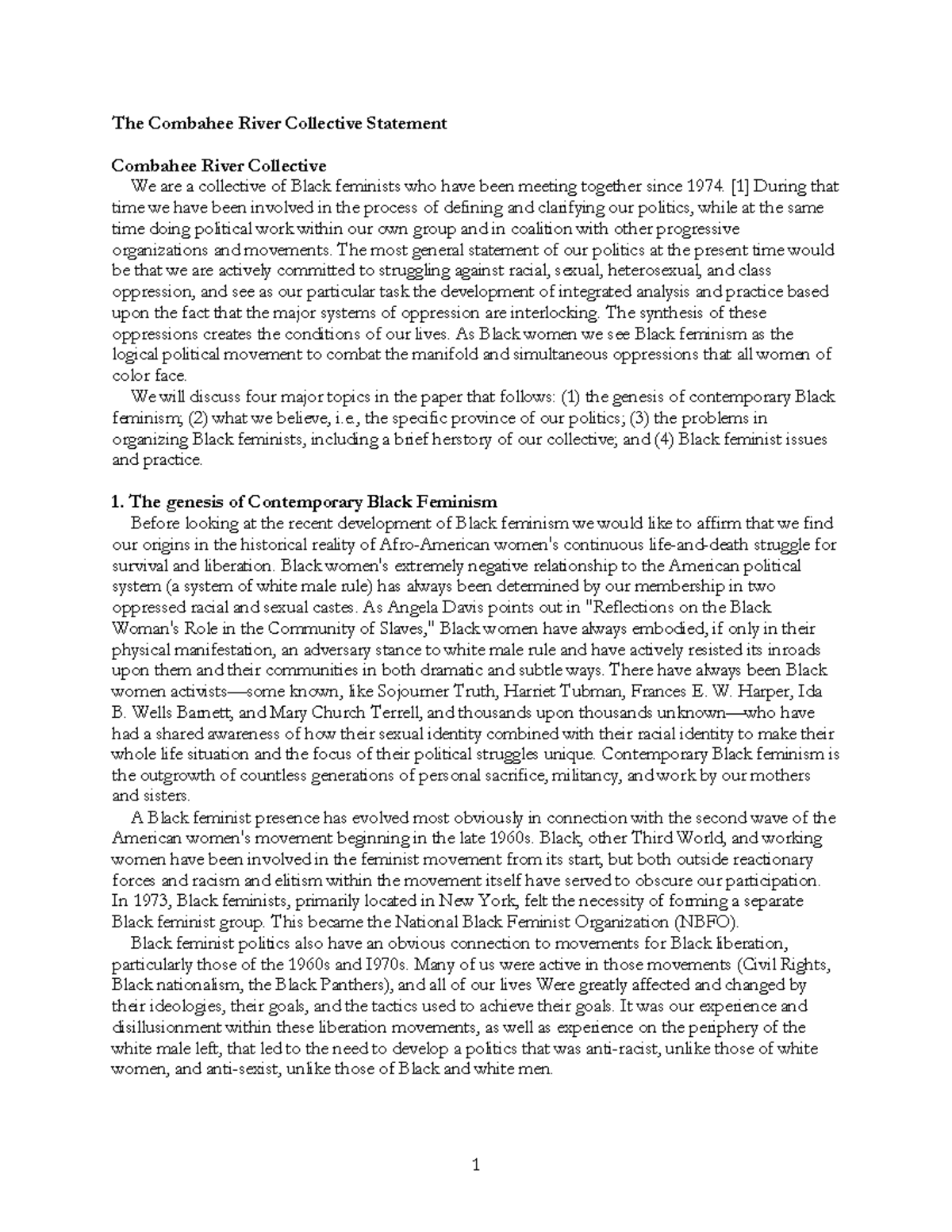 The Combahee River Collective Statement - Studocu