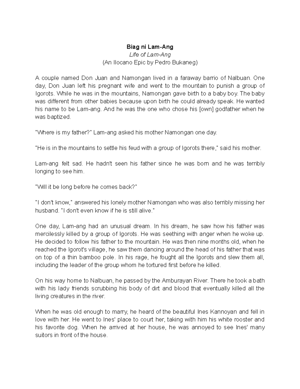 Biag ni Lam-Ang (EPIC 101) - Summary & Key Events Overview - Studocu
