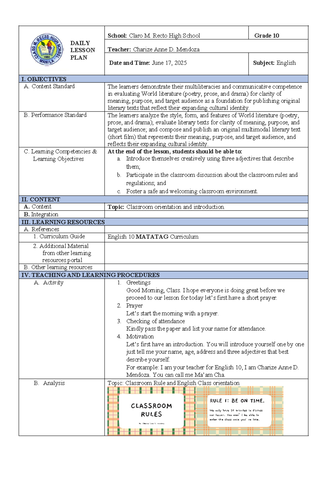 G10 English Lesson Plan: Classroom Orientation (June 17, 2025) - Studocu