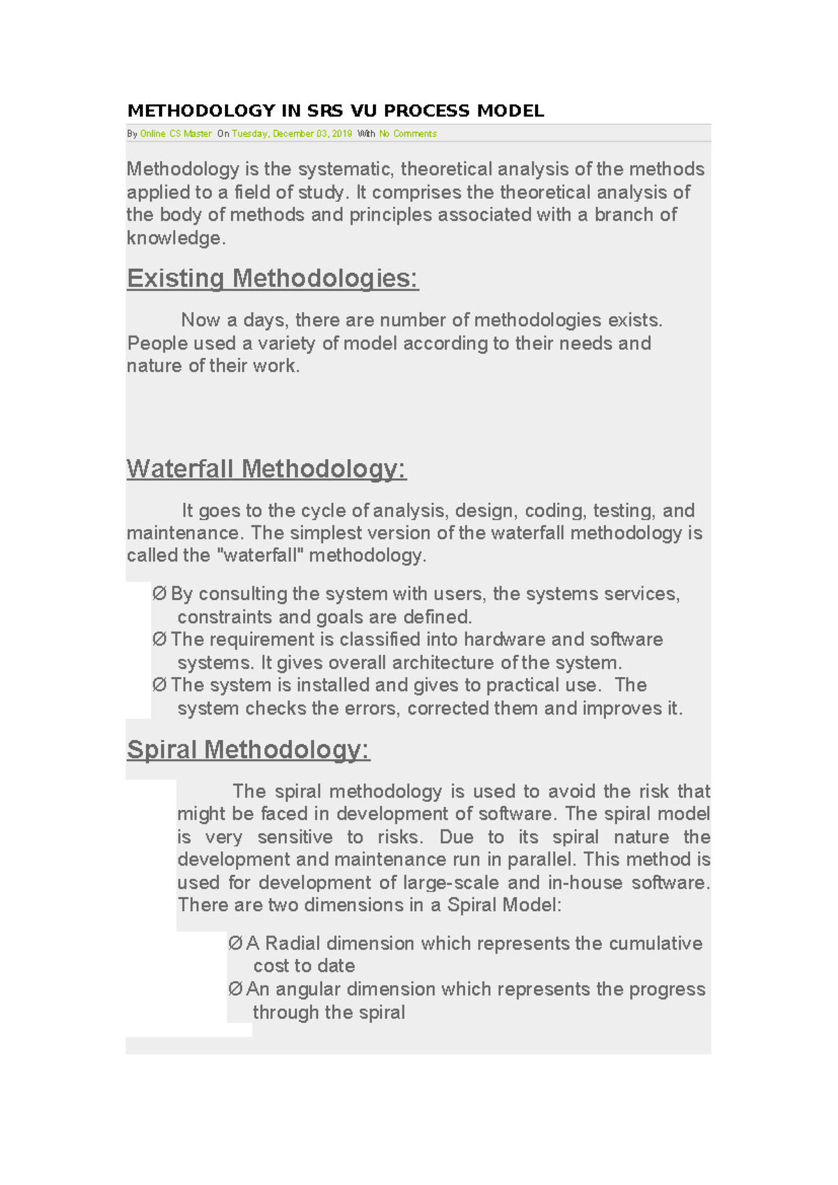 VU Process Model Methodology in Software Development SRS - Studocu