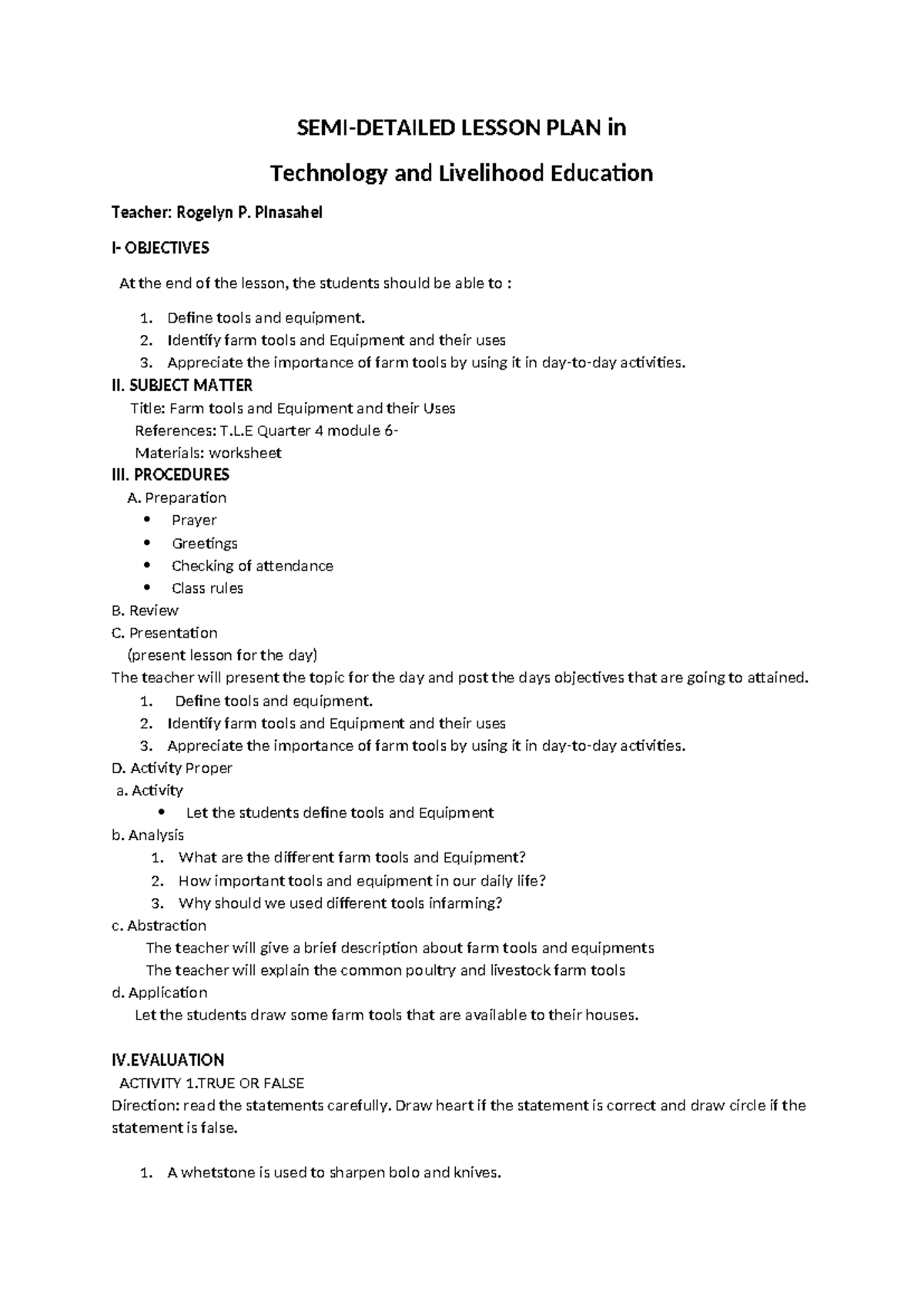 T.L.E Lesson Plan: Understanding Farm Tools & Equipment - Studocu