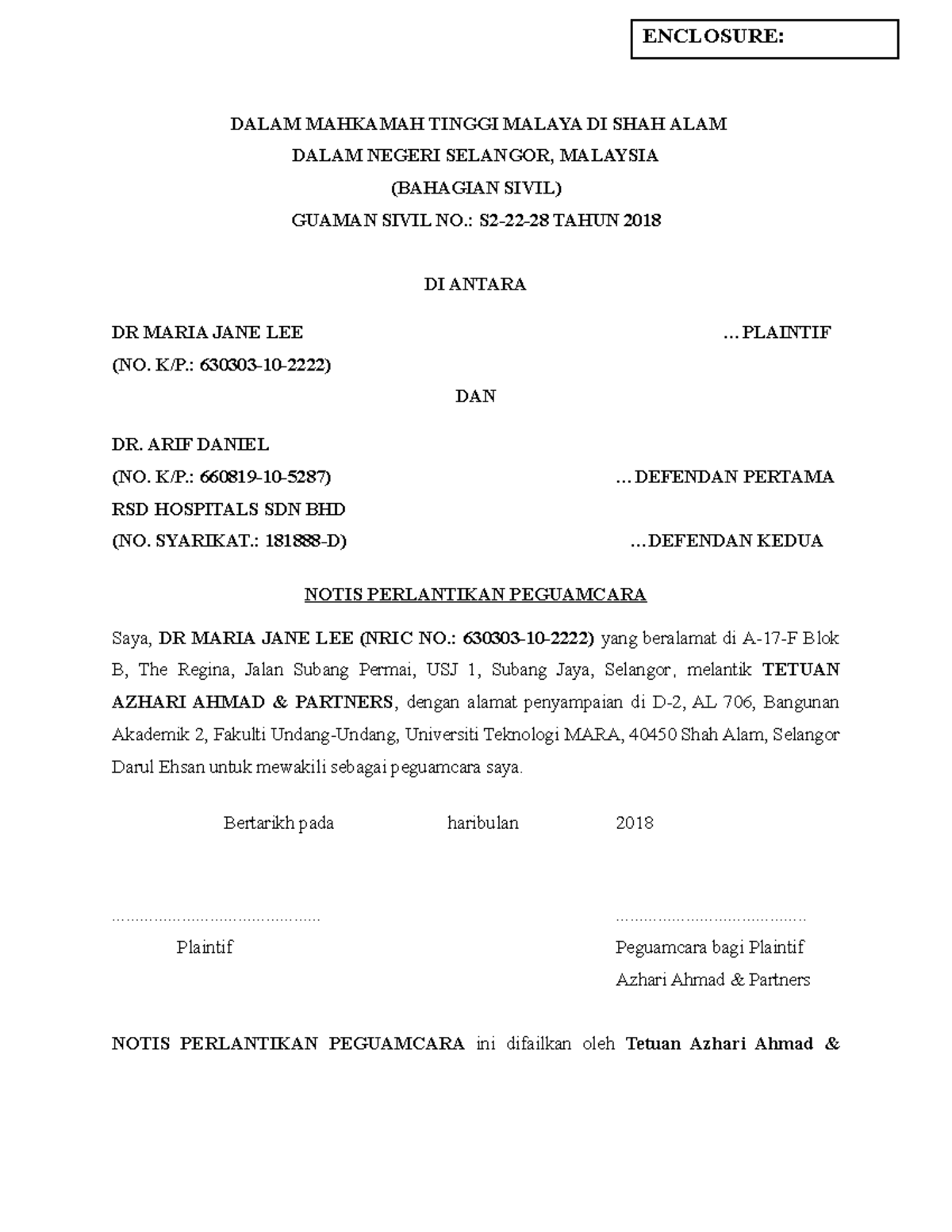 Notis Pelantikan Peguam - Guaman Sivil No. S2-22-28 Tahun 2018 - Studocu