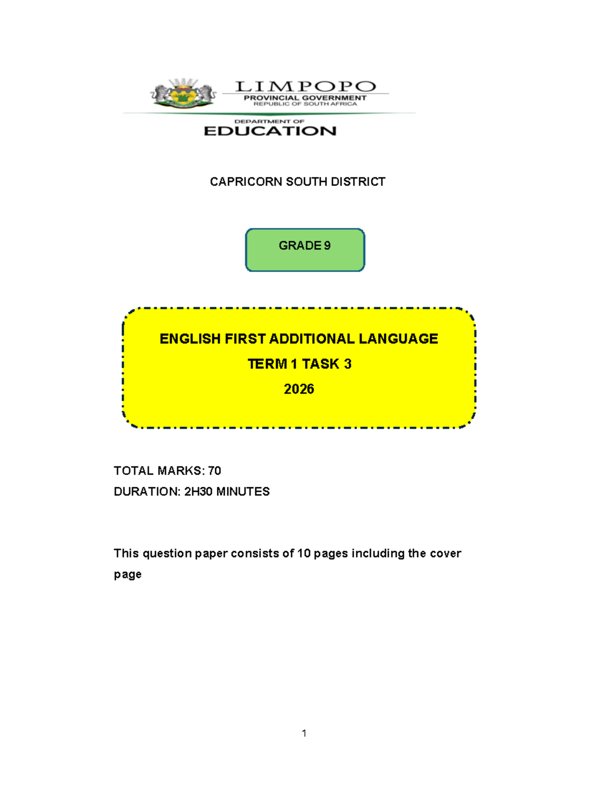 2026 Grade 9 EFAL Term 1 Task 3 Question Paper - Studocu