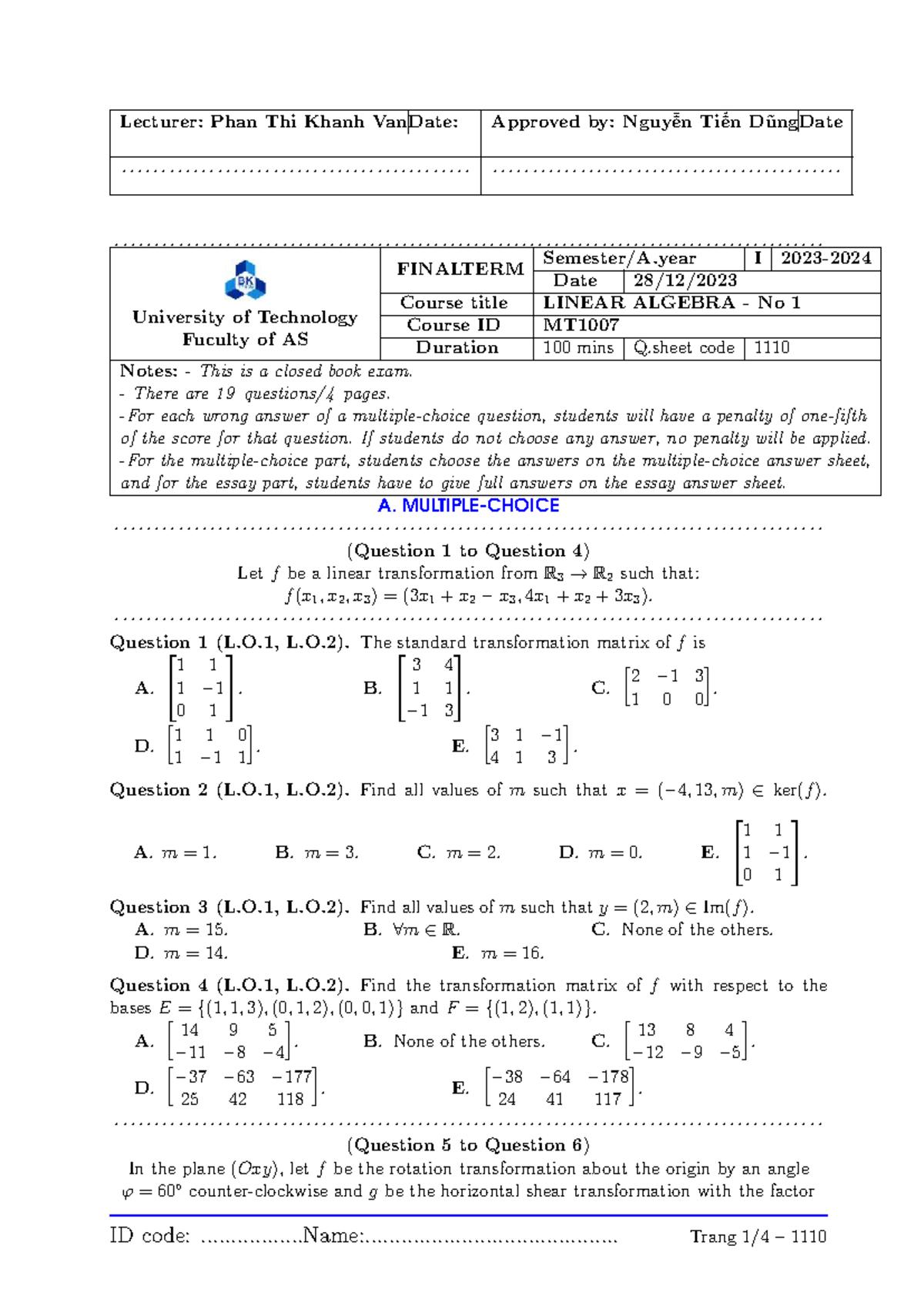 Final Exam MT1007: Linear Algebra - Question Sheet & Answers - Studocu