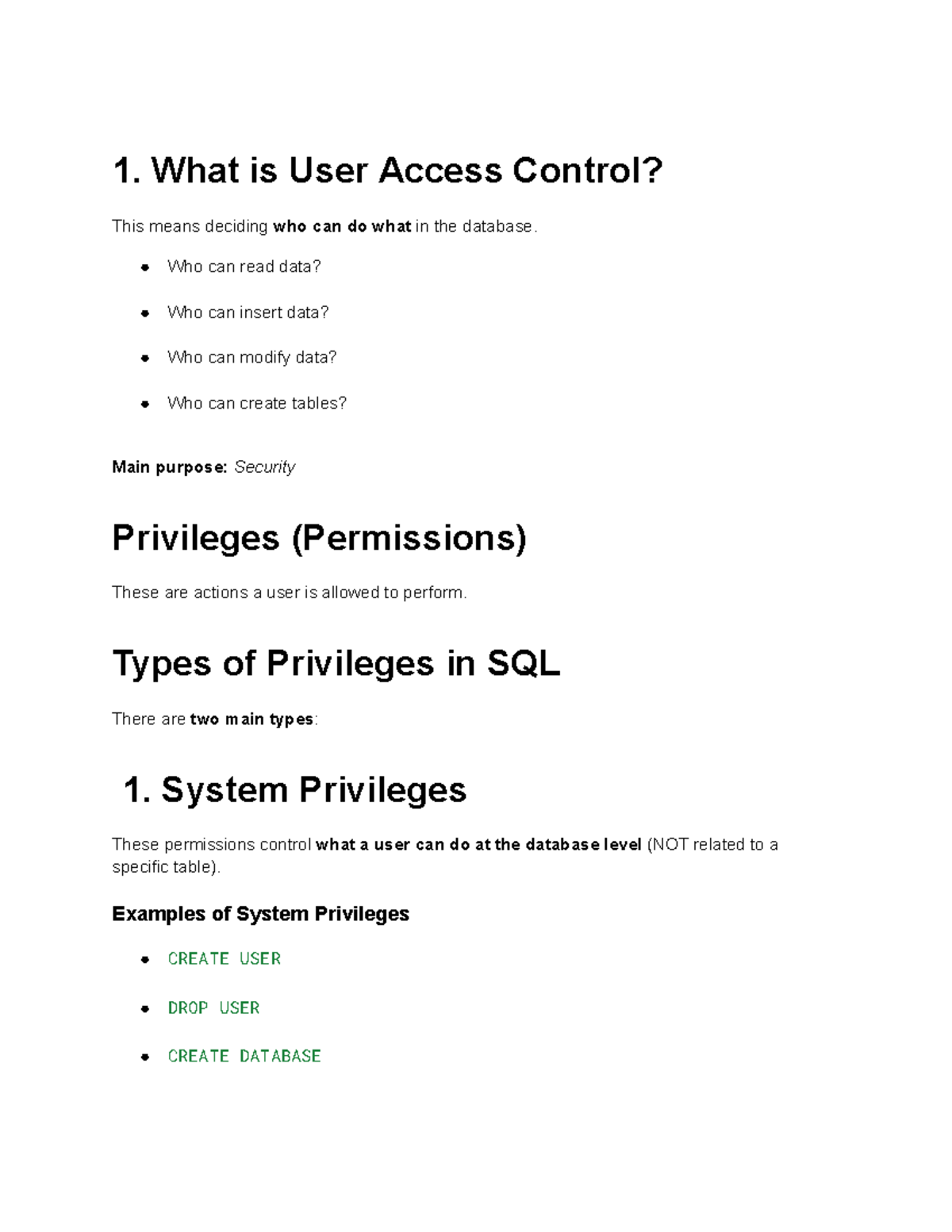 Access Control in SQL: User Privileges & Roles Summary Notes - Studocu