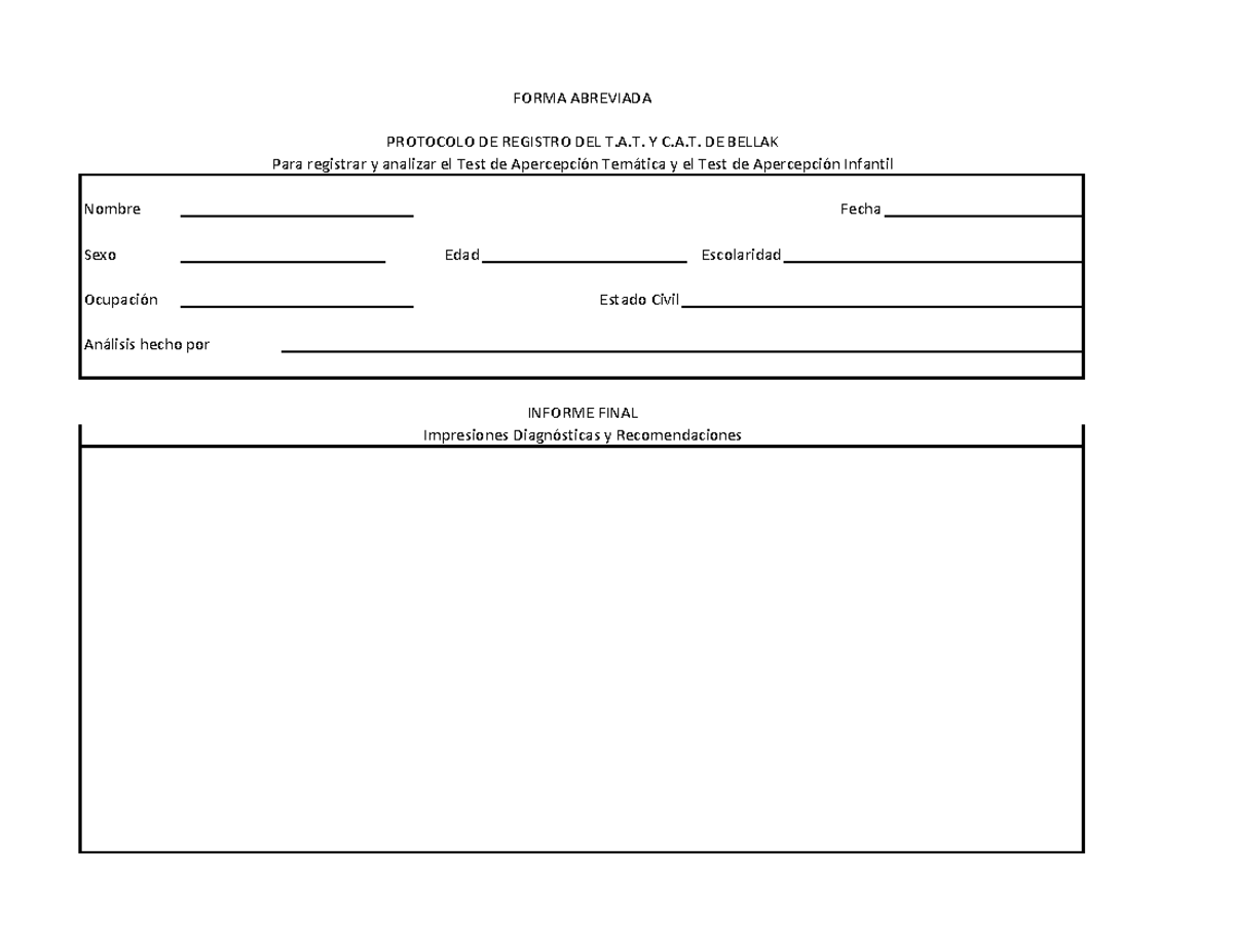 S13.s2 Protocolo TAT Bellak-1 - FORMA ABREVIADA PROTOCOLO DE REGISTRO ...