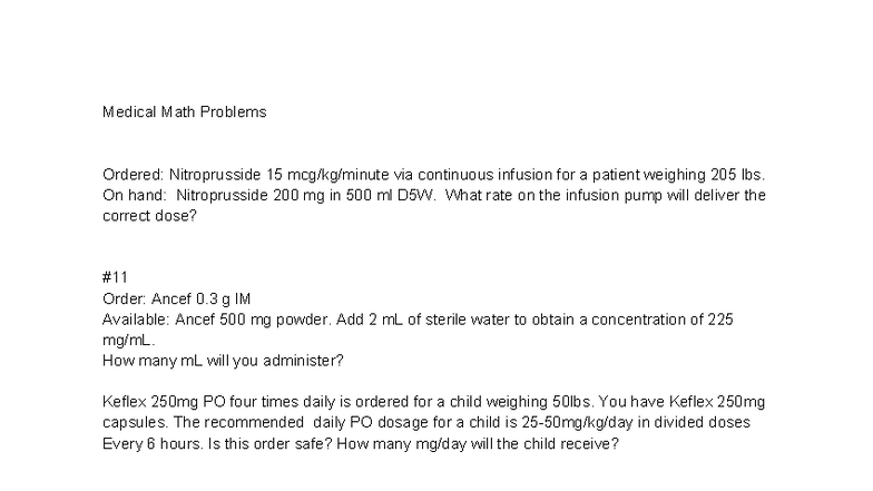 Medical Math Problems: Infusion & Dosage Calculations - Studocu