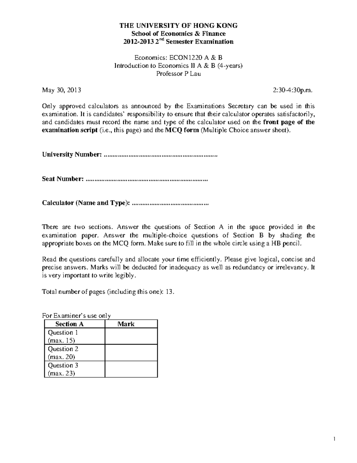 Final exam 30 May 2013, questions and answers - THE UNIVERSITY OF HONG ...