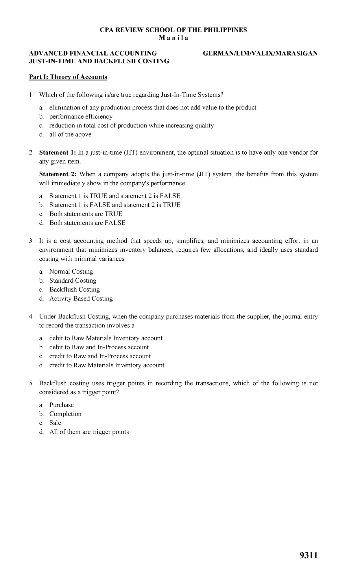 9311 - JIT and Backflush Costing - 9311 CPA REVIEW SCHOOL OF THE ...