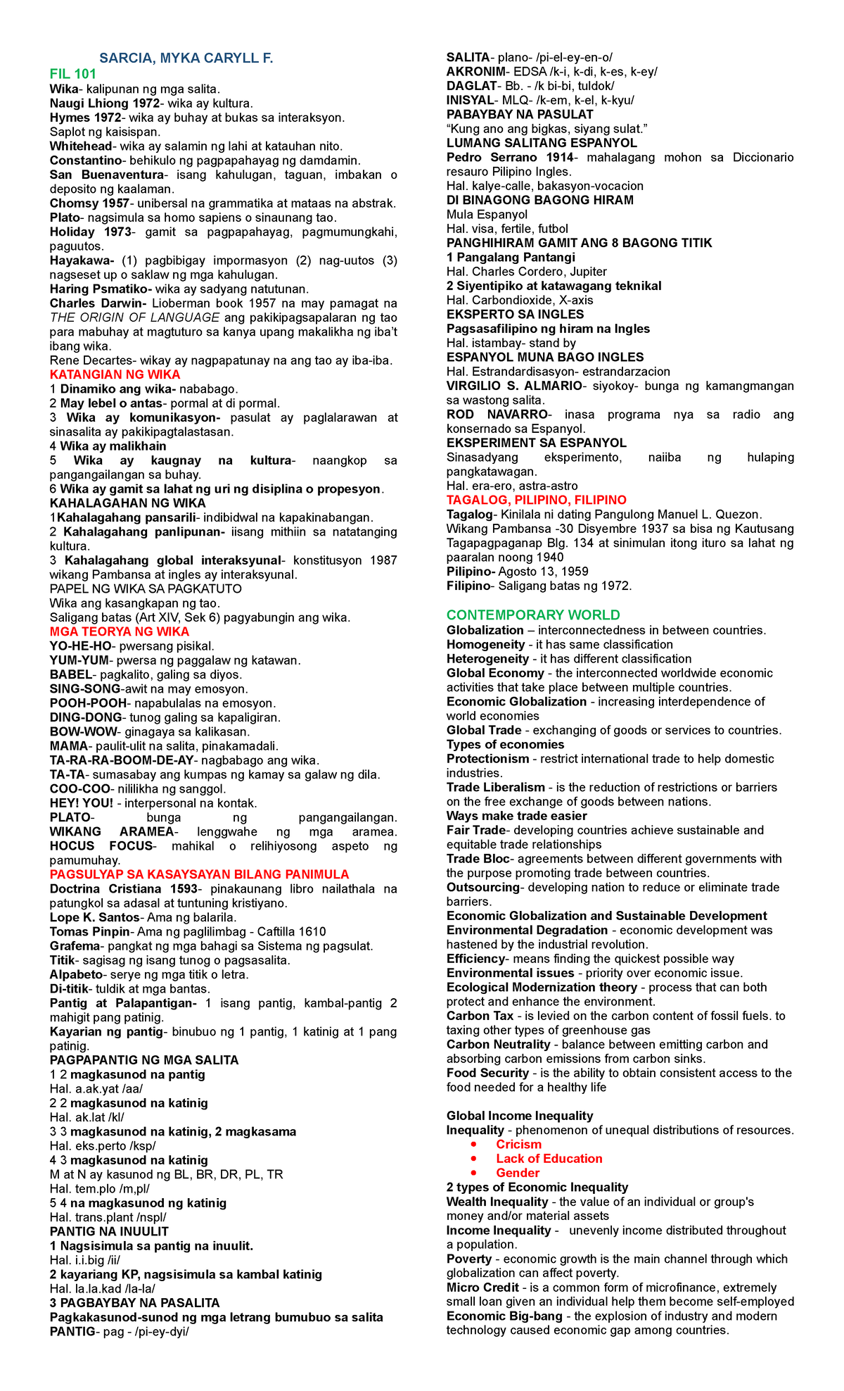 FIL 101 Final Exam Reviewer: Key Concepts in Filipino Language and ...