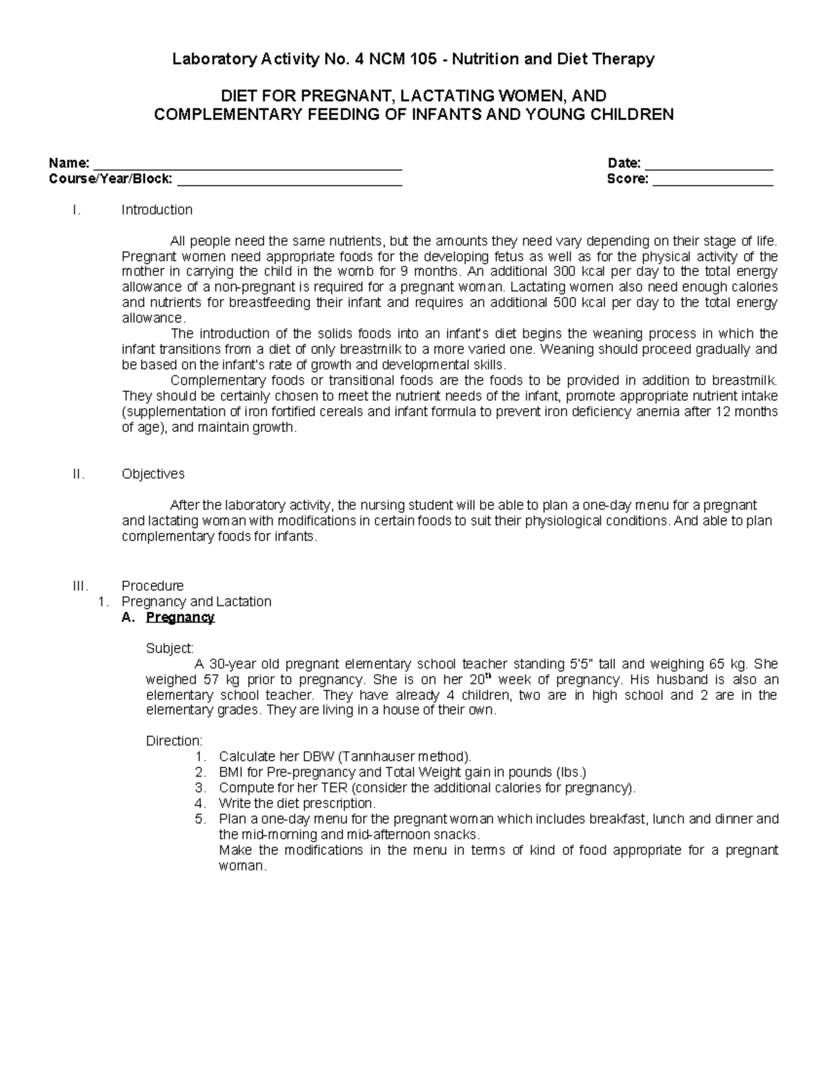 NCM 105 Lab Activity 4: Diet for Pregnant & Lactating Women - Studocu