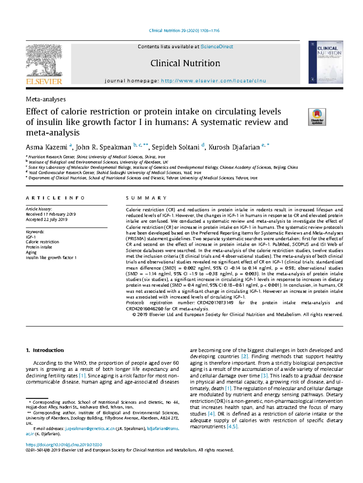 Effect of Calorie Restriction & Protein Intake on IGF-1 Levels in ...
