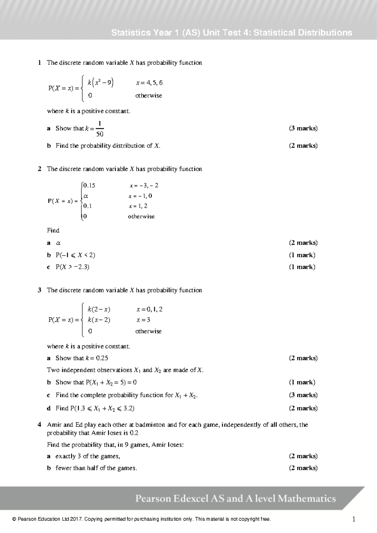 AS Statistics - Unit Test 4: Probability Distributions Analysis - Studocu