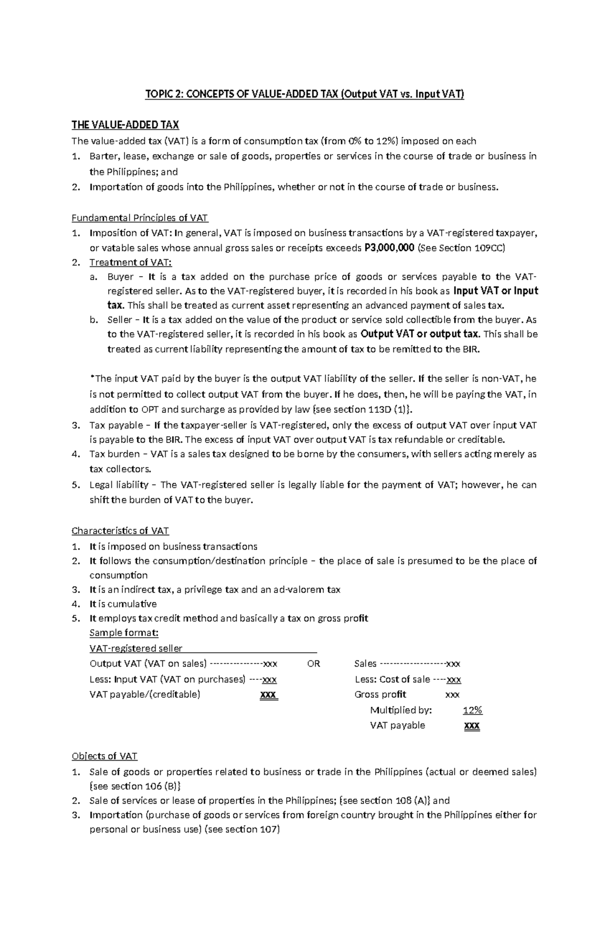 Topic 2: Concepts of VAT - Output vs. Input VAT Analysis - Studocu