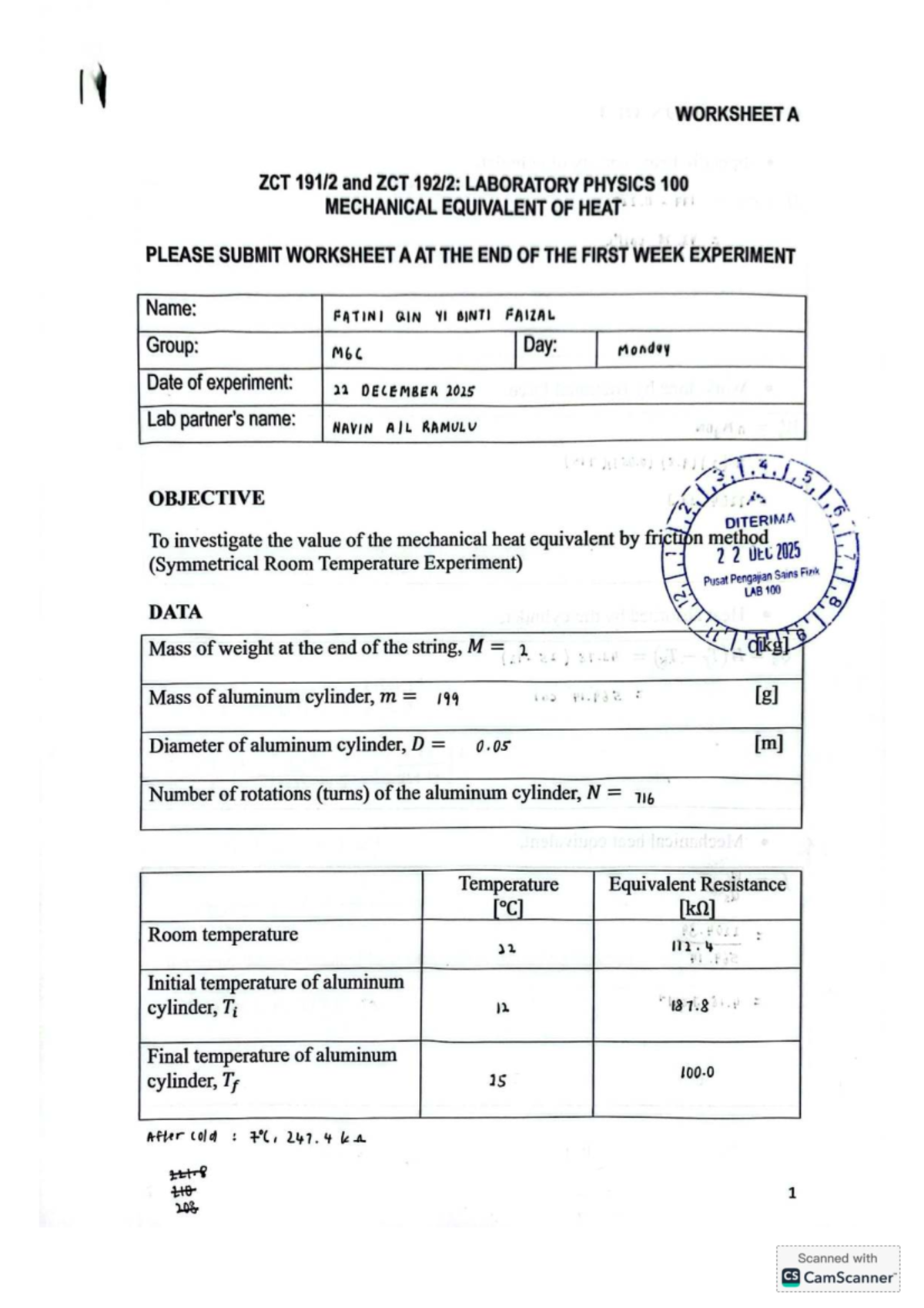 Worksheet A: ZCT Lab Physics 100 - Mechanical Equivalent of Heat - Studocu