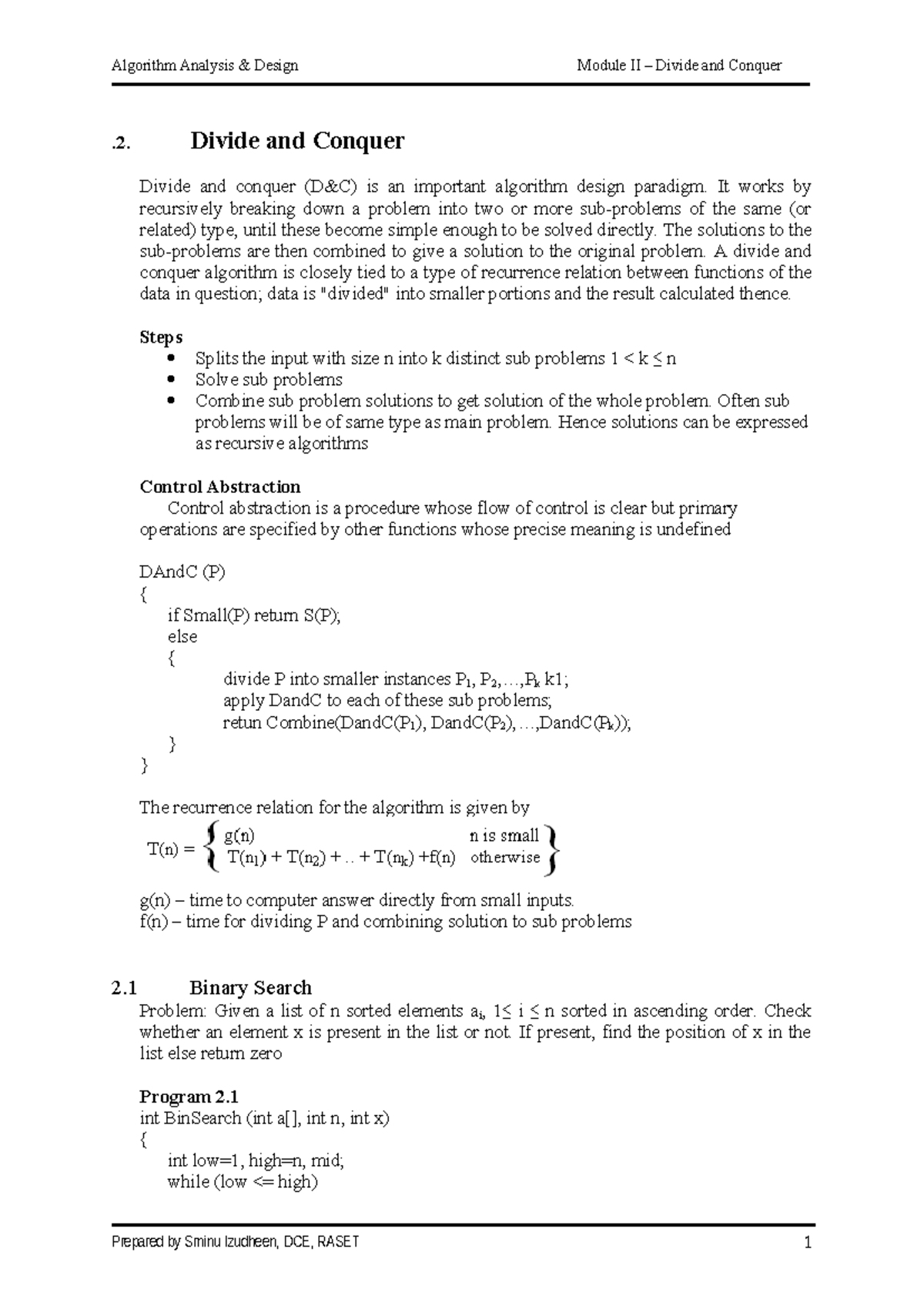 Module II - Design and Analysis of Algorithms: Divide and Conquer - Studocu