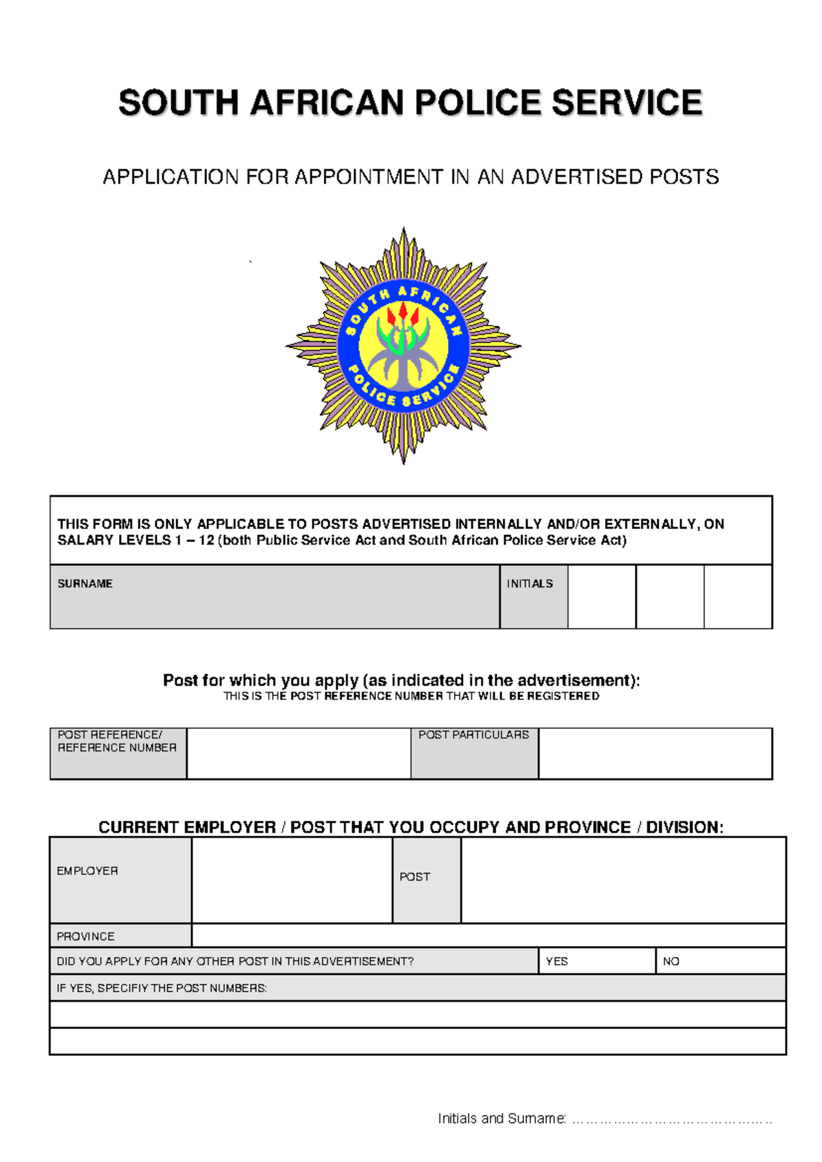 SAPS Application Form for Advertised Posts (2023) - Studocu