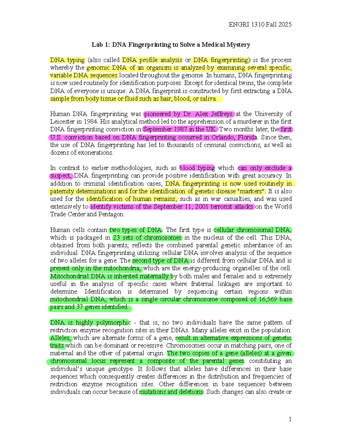 BME 1310 Fall 2025 Lab 1: DNA Fingerprinting for PKU Analysis - Studocu