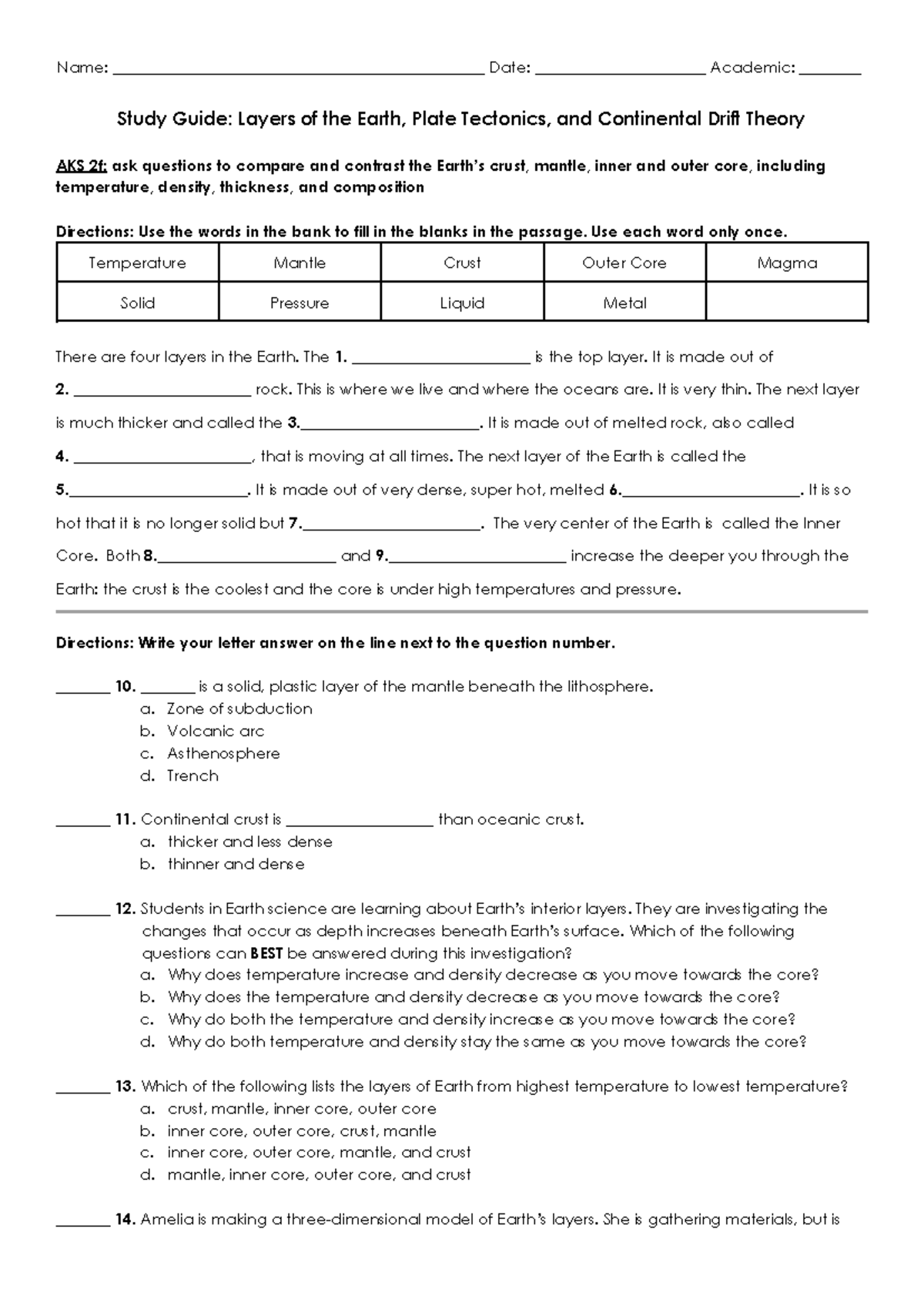 Study Guide: AKS 2f, 2g, 2h on Earth's Layers, Plate Tectonics & Drift ...