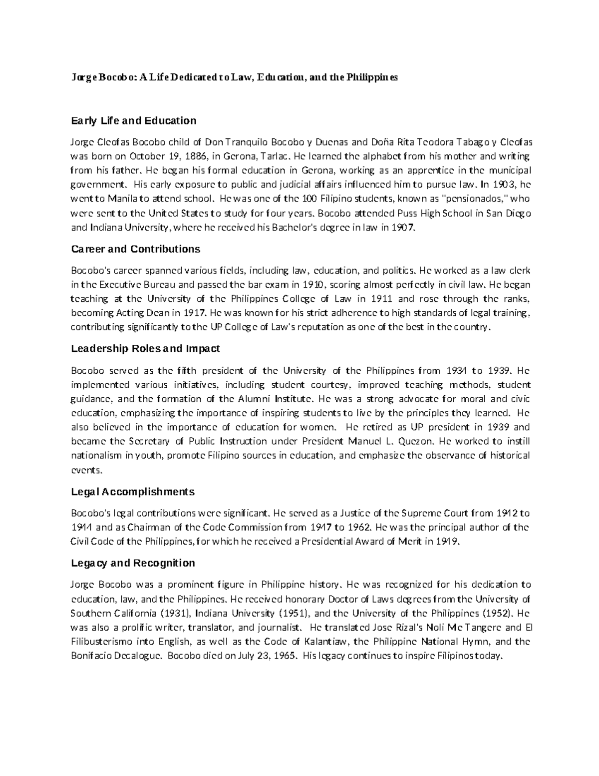 Assignment on Jorge Bocobo: Life, Career, & Contributions in DISS - Studocu