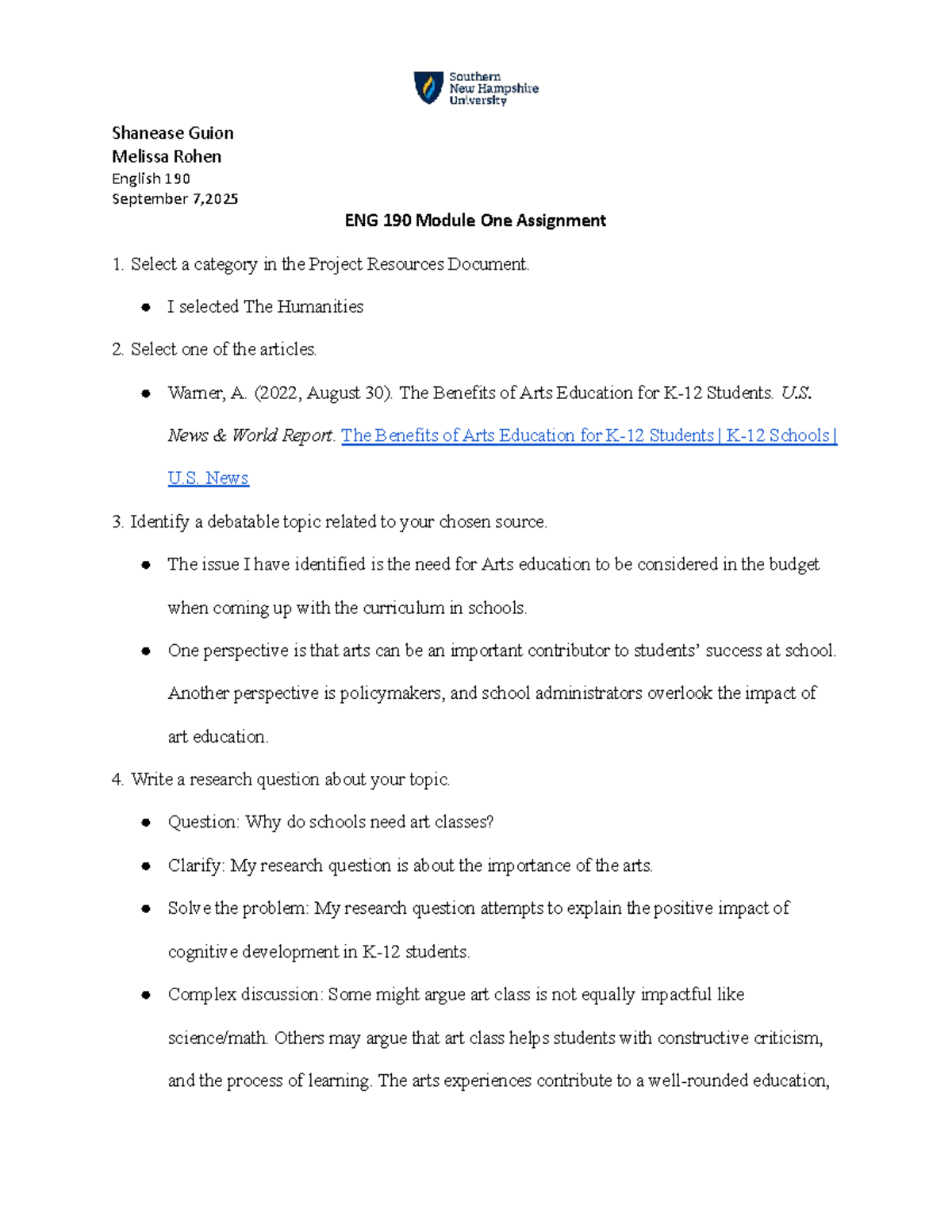 ENG 190 Module One Assignment: Importance of Arts Education - Studocu