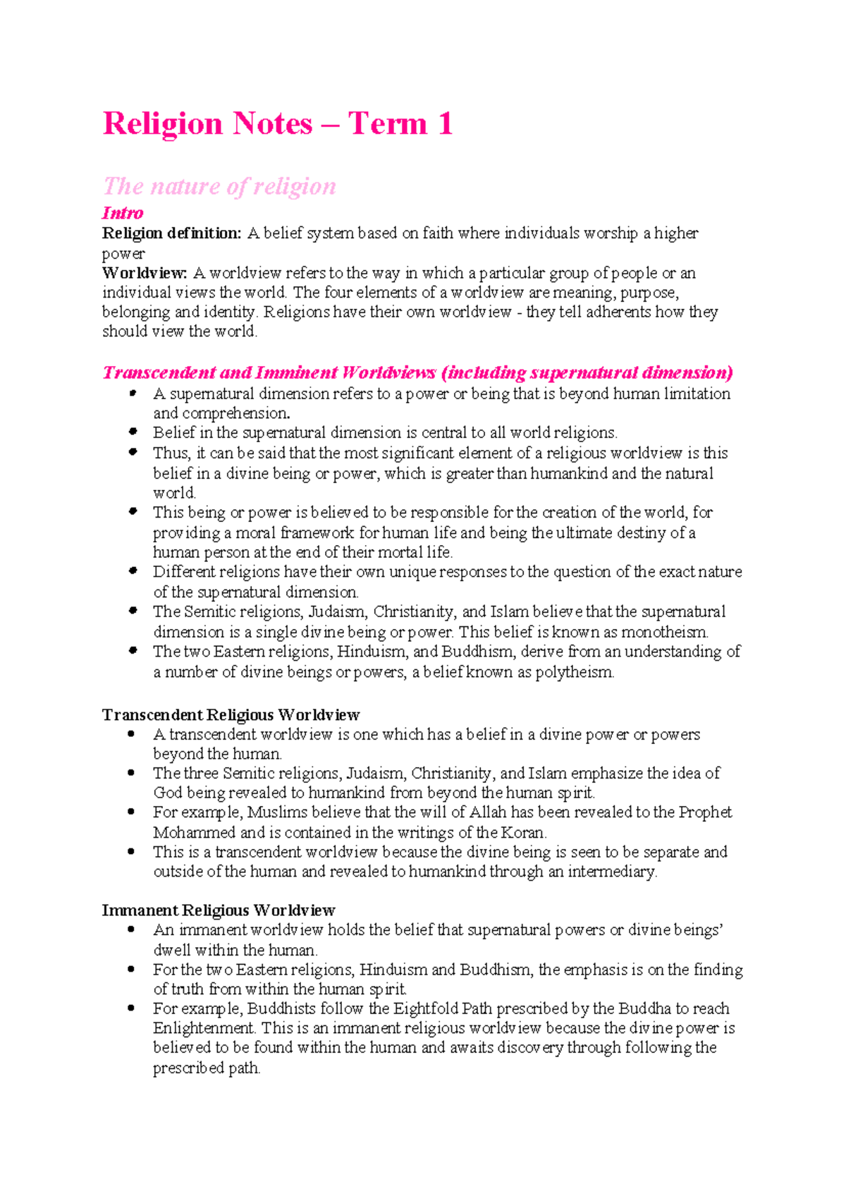 Religion Notes - Term 1: Understanding Worldviews and Key Concepts ...