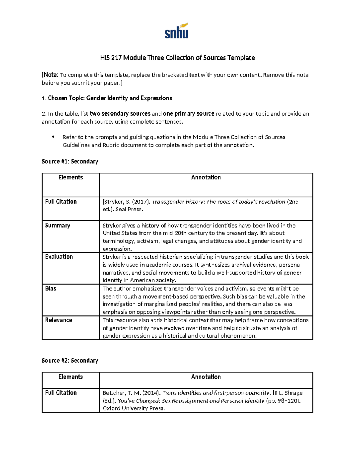 HIS 217 Module Three: Gender Identity Sources Collection Template - Studocu