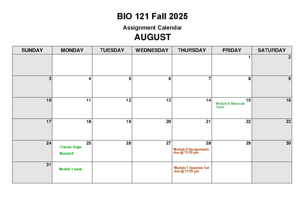 BIO 121 Fall 2025 Assignment Calendar Overview - Studocu