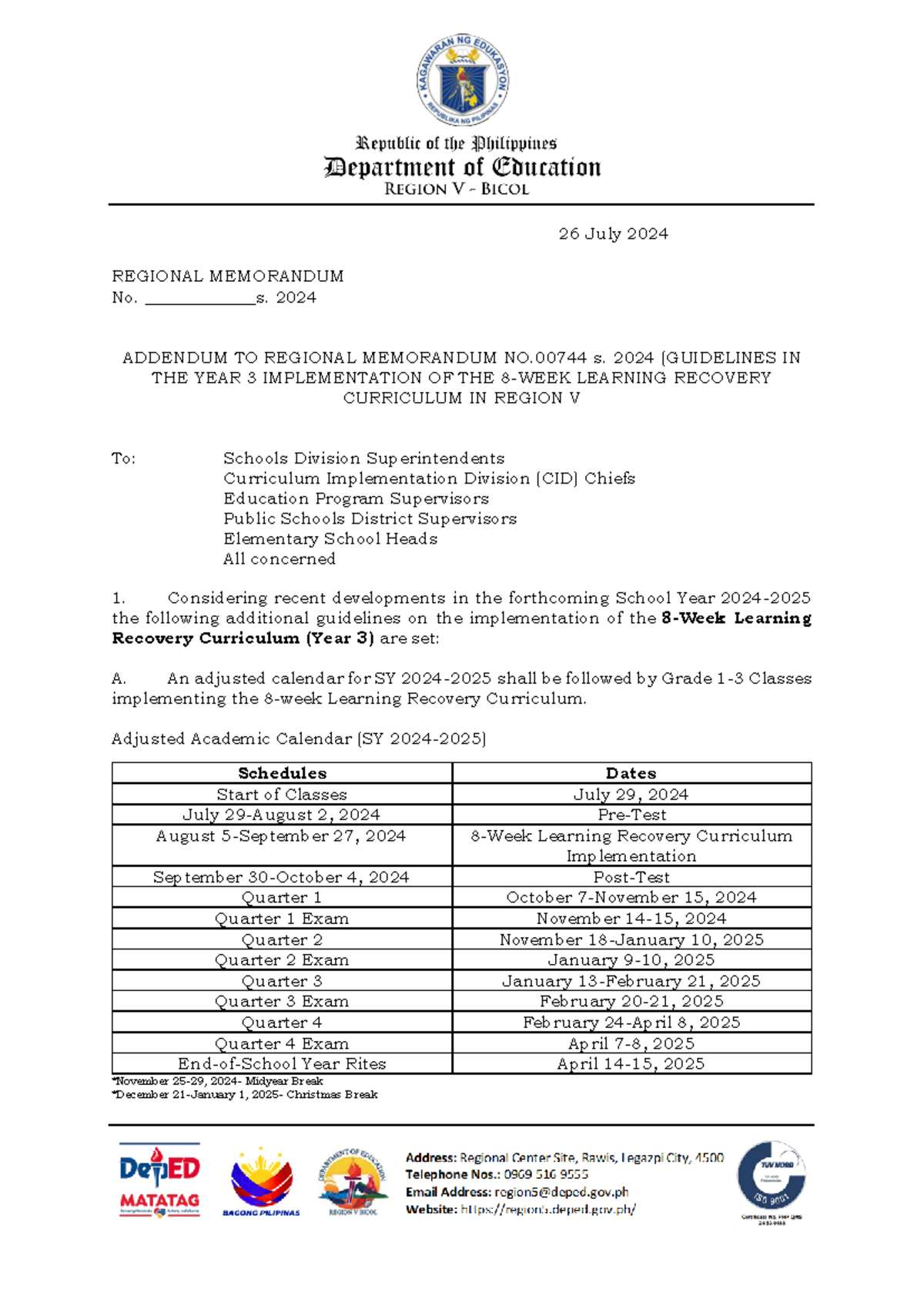 Regional Memo Addendum: 8-Week Learning Recovery Guidelines SY 2024-2025 - Studocu