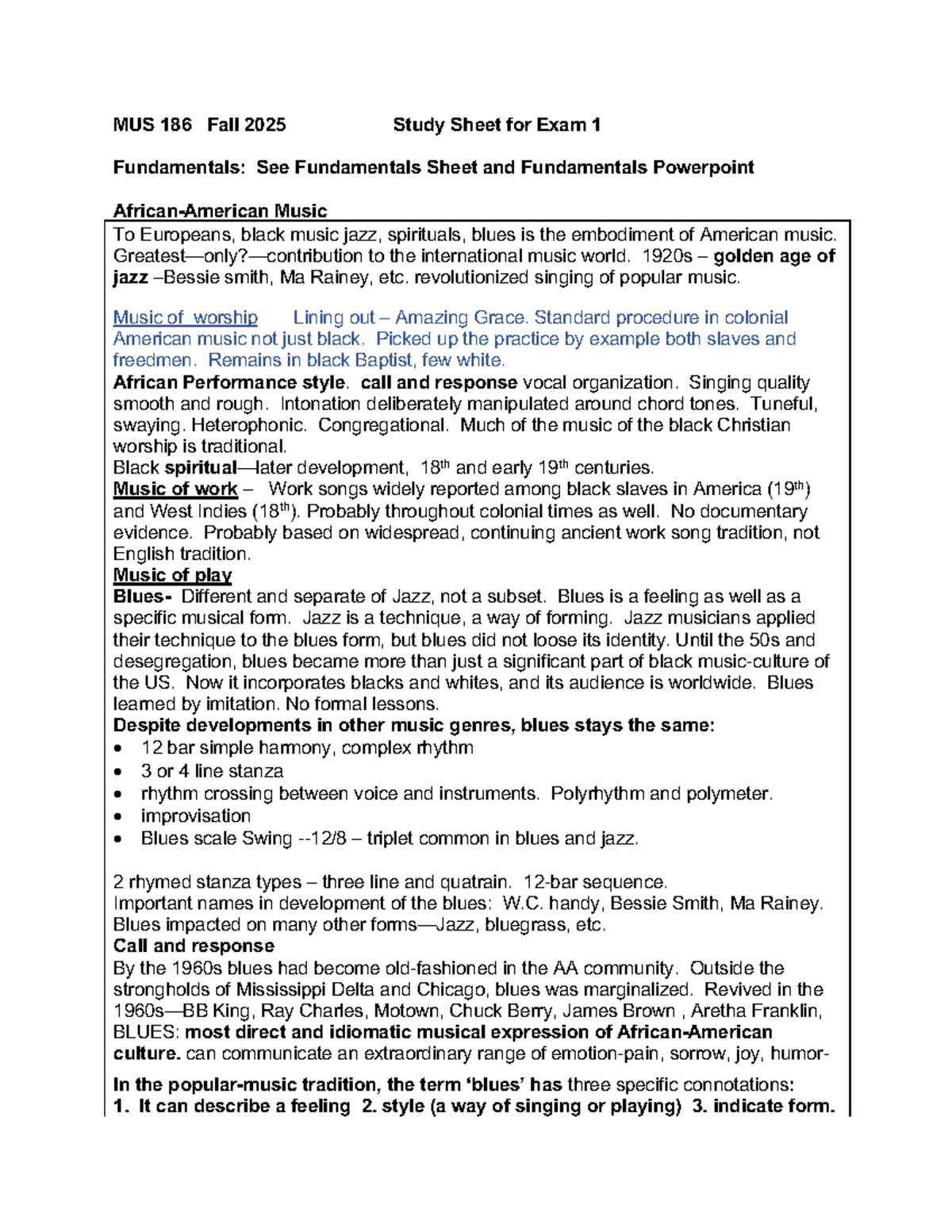MUS 186 Fall 2025 Study Sheet for Exam 1: African-American & Latin ...