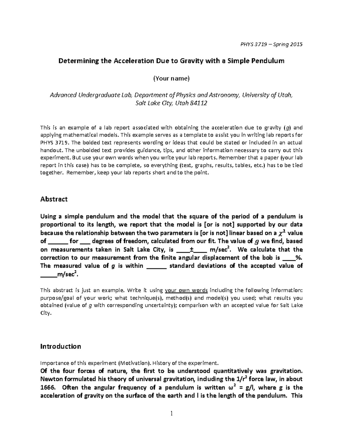 Pendulum handout - None - PHYS 3719 – Spring 2015 Determining the Acceleration Due to Gravity ...