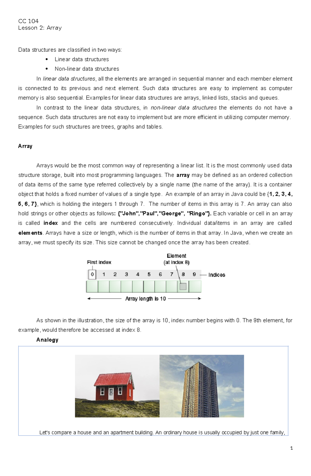 CC 104 Lesson 2 - Understanding Arrays and Their Operations - Studocu