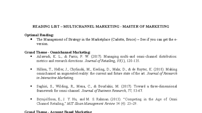 REQUIRED READING LIST: MULTICHANNEL MARKETING (MKT 501) - Studocu