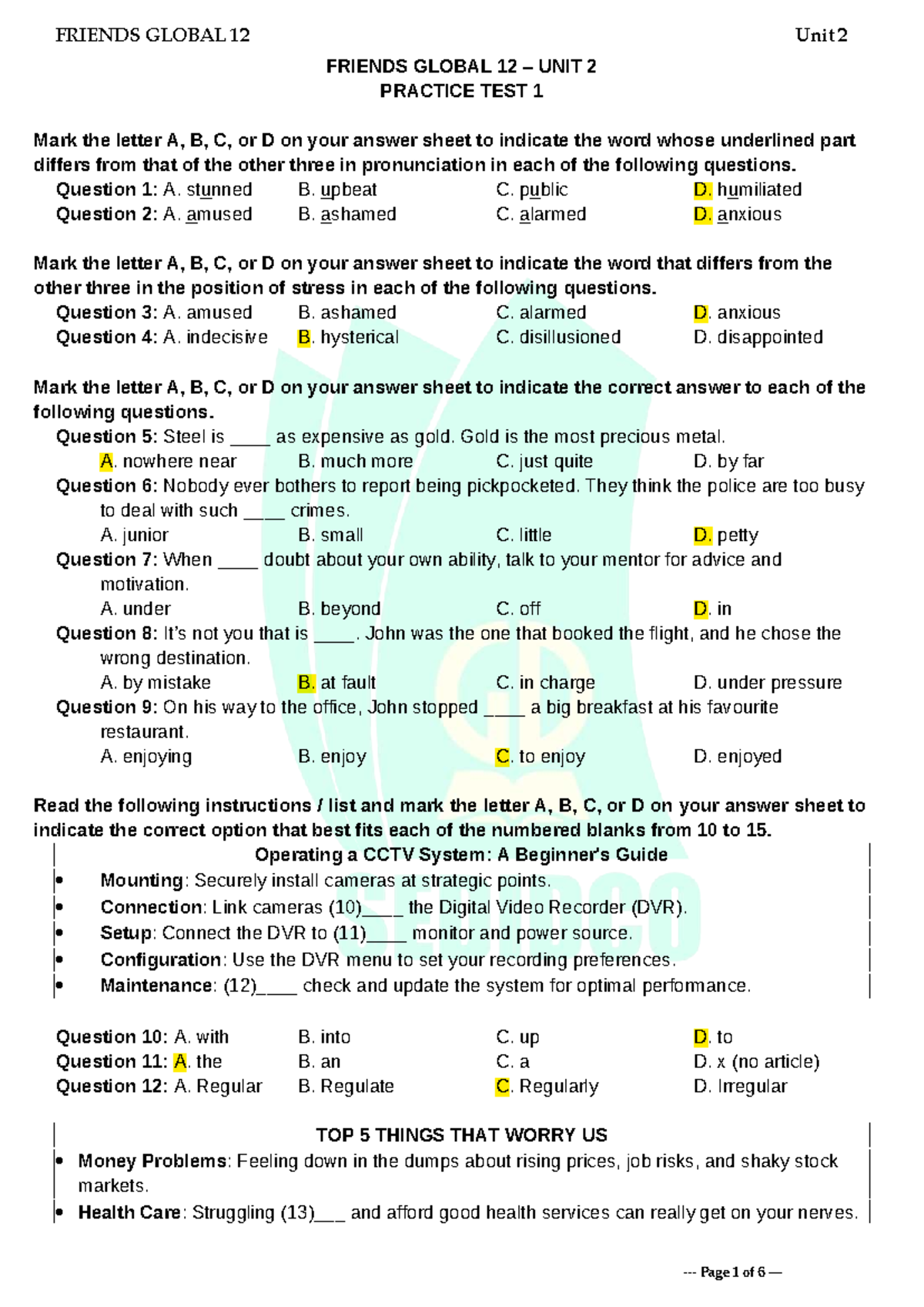 Tiếng Anh 12 - Friends Global Unit 2: Practice Test 1 Review - Studocu