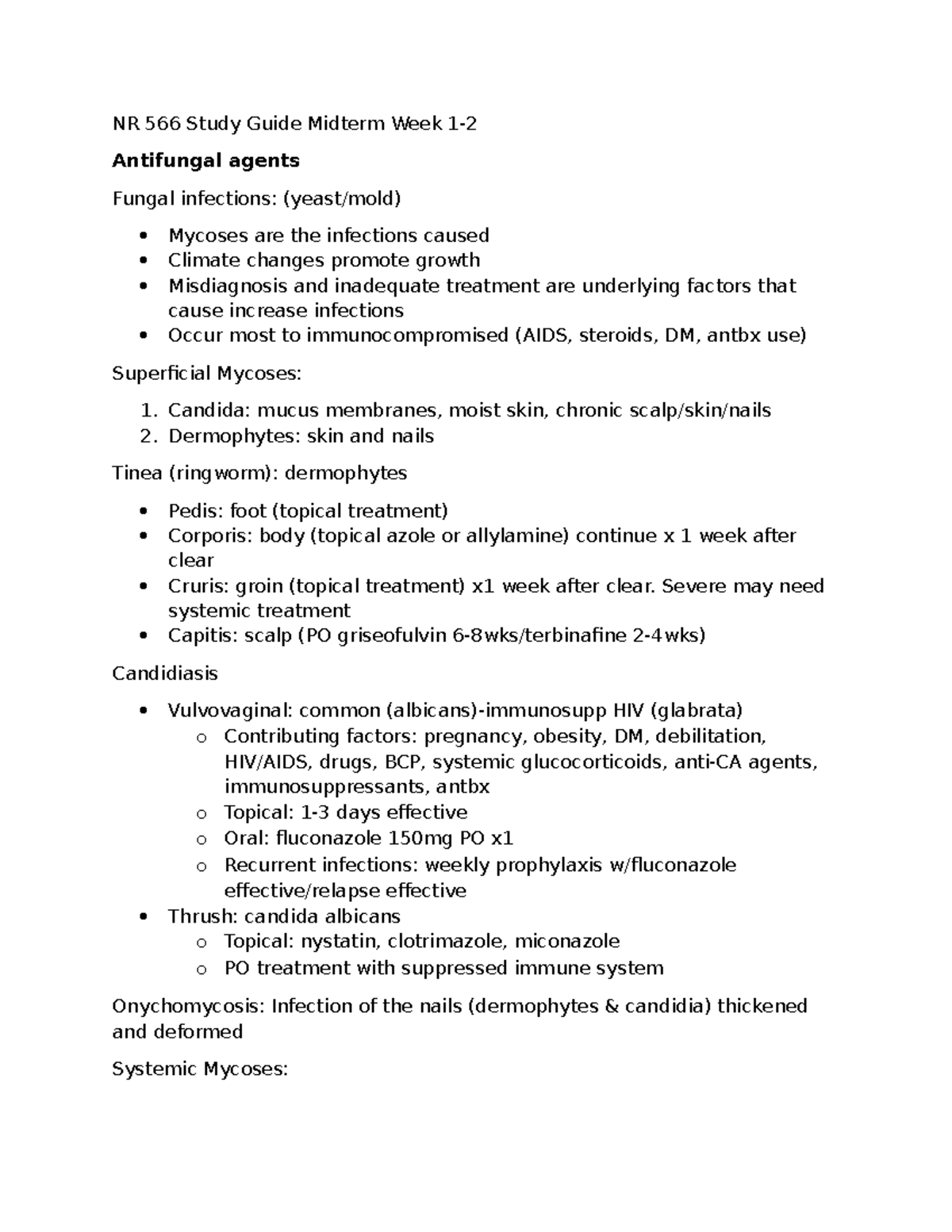 NR 566 Midterm Study Guide: Antifungal Agents & Mycoses Overview - Studocu
