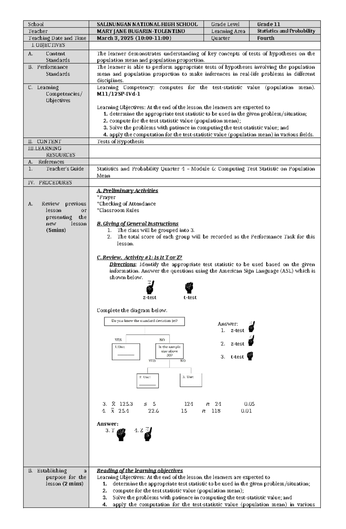 Lesson Plan on Statistics & Probability for Math 11: Hypothesis Testing ...