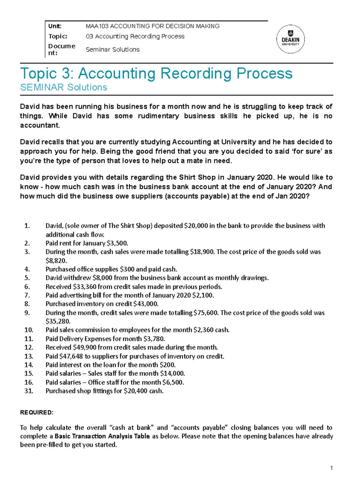 MAA103 Topic 3 - Seminar Solutions - Unit: MAA103 ACCOUNTING FOR ...