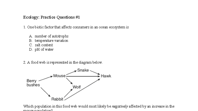 Ecology Practice Questions and Answer Key (Course Code: 88c4b633) - Studocu
