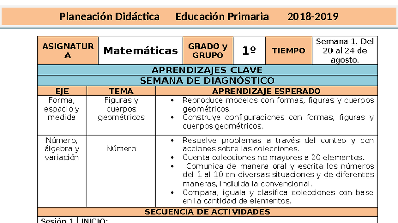 Planeación Didáctica Matemáticas 1º Grado - Semana 1 y 2 - Studocu
