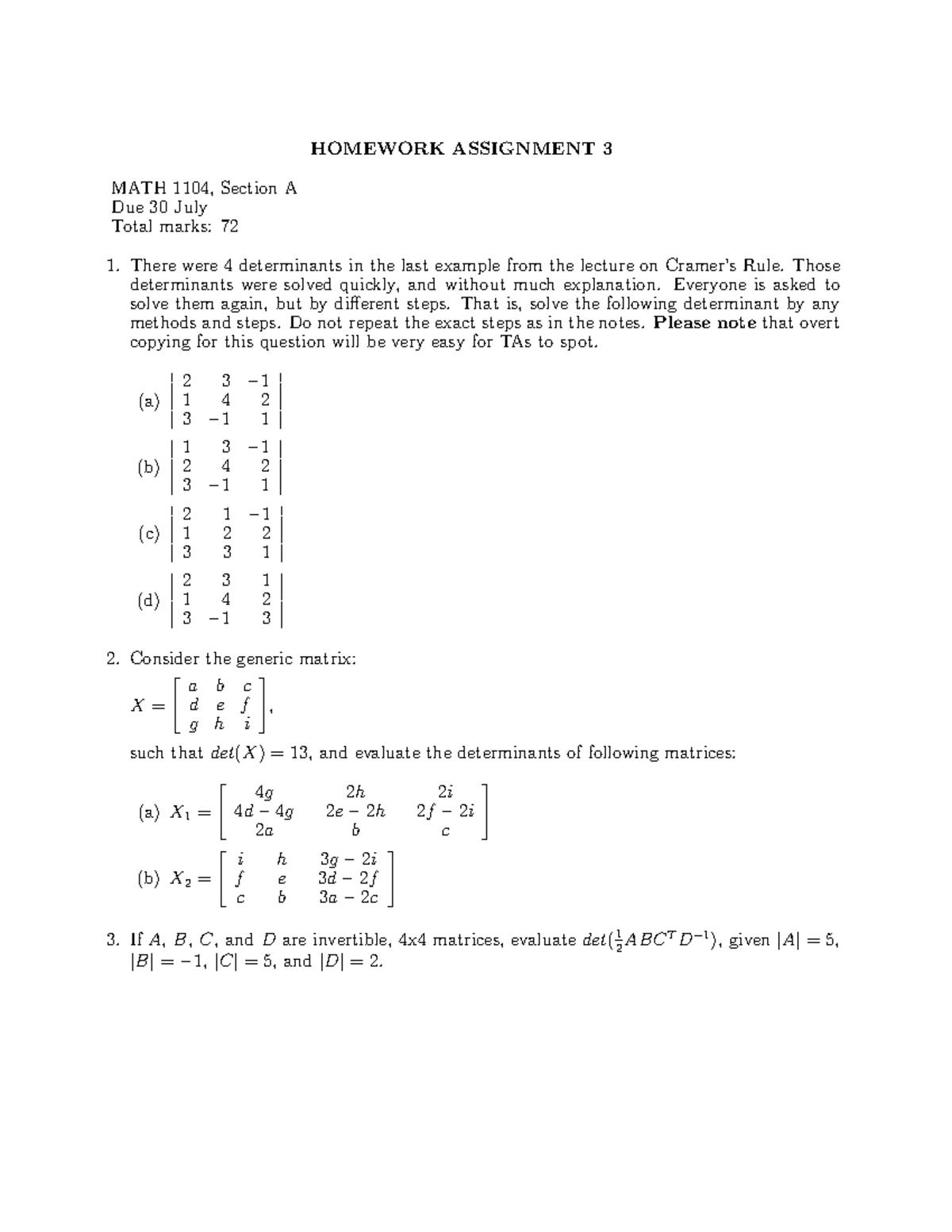 Homework Assignment 3 MATH 1104 - Determinants & Matrix Evaluation - Studocu