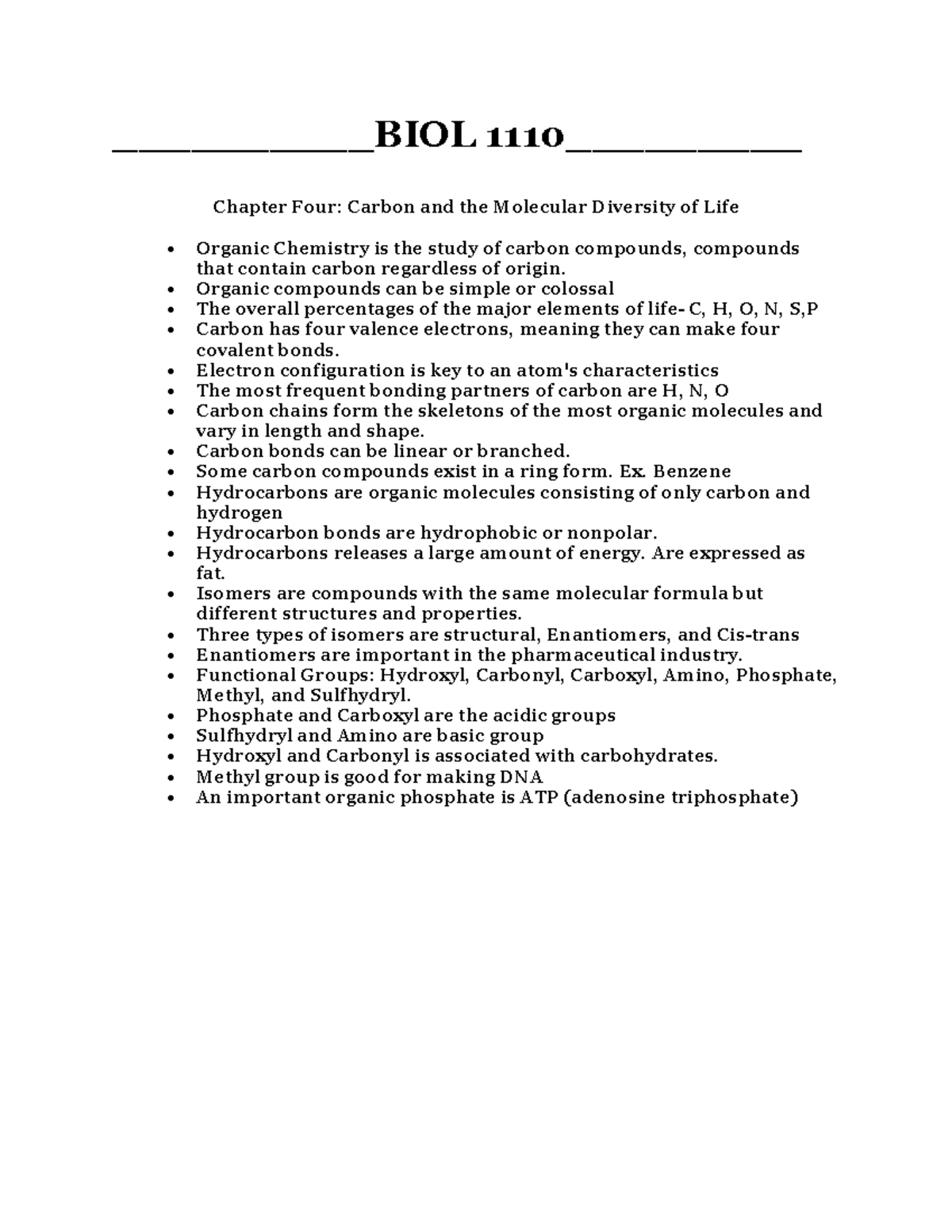 Notes 04 Carbon and the Molecular Diversity of Life - _BIOL 1110 ...