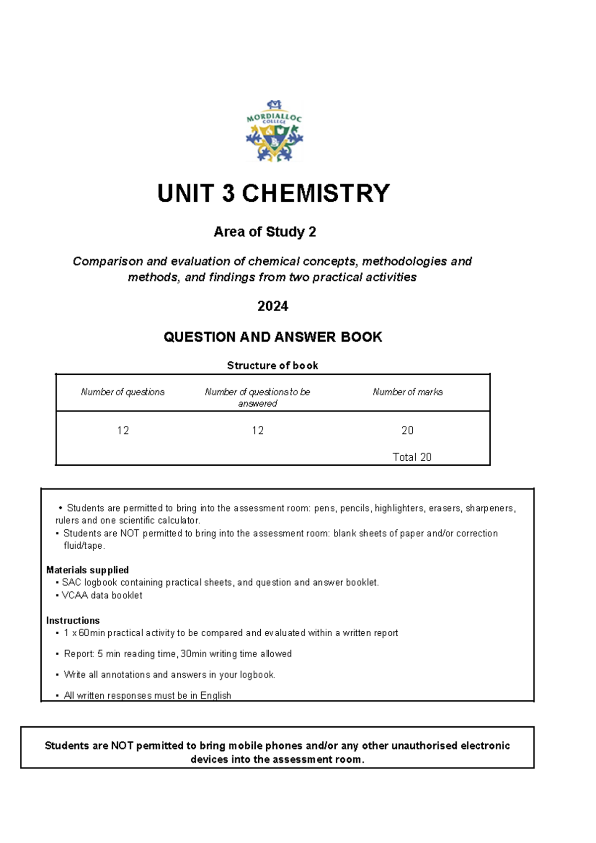 U3 AOS2 SAC Practice Q&A with Solutions for 2024 Chemistry - Studocu