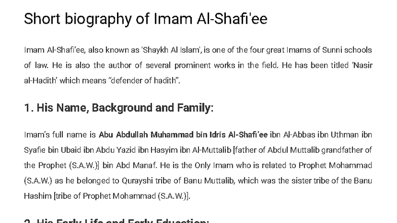 Short Biography of Imam Al-Shafi'ee: Life and Legacy - Studocu
