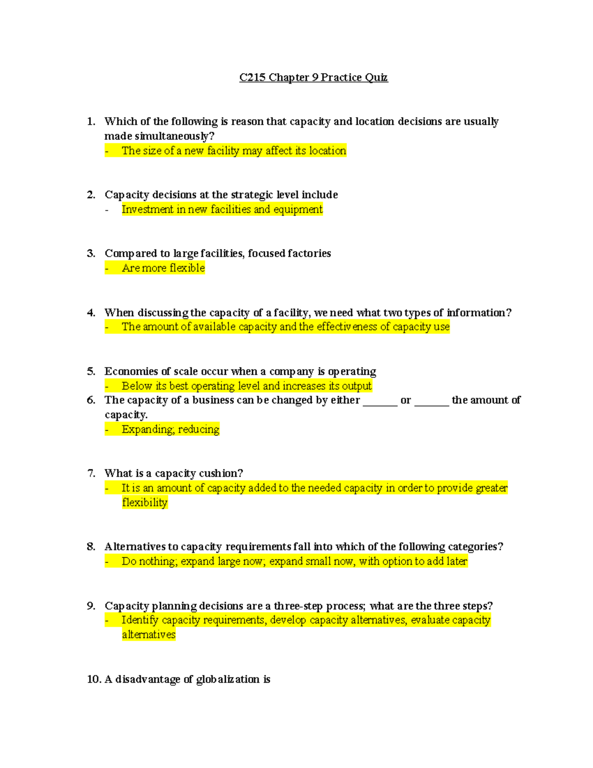 C215 Chapter 9 Practice Quiz and Capacity Planning Insights - Studocu