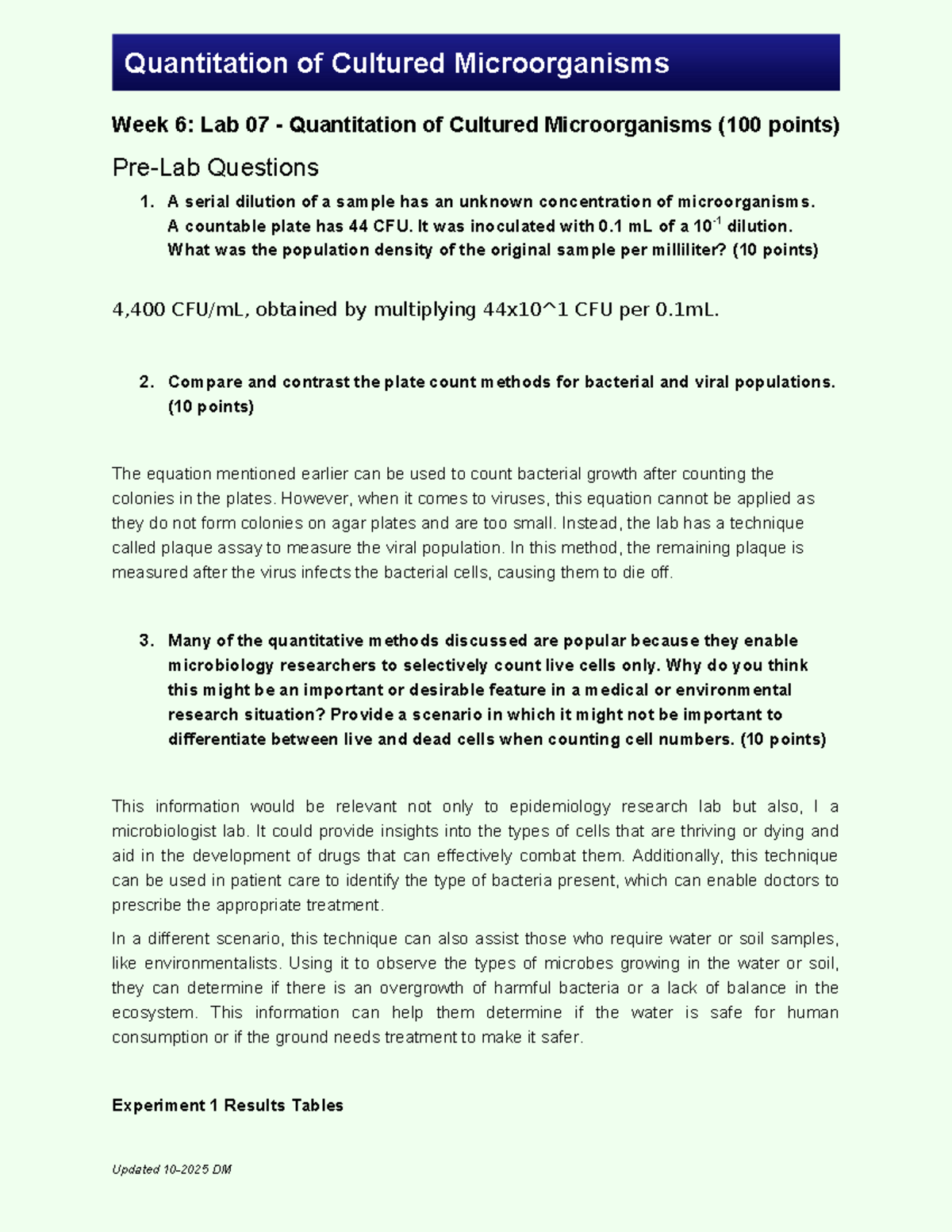 Week 6 Lab 07: Quantitation of Cultured Microorganisms Analysis - Studocu