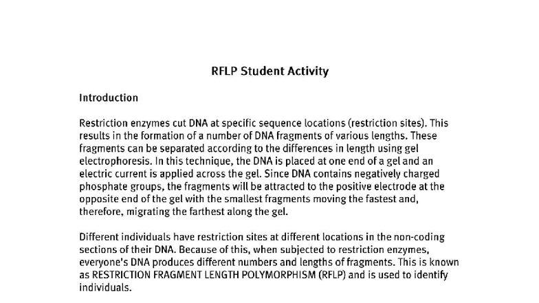 RFLP Analysis Activity: Comparing DNA Banding Patterns - Studocu