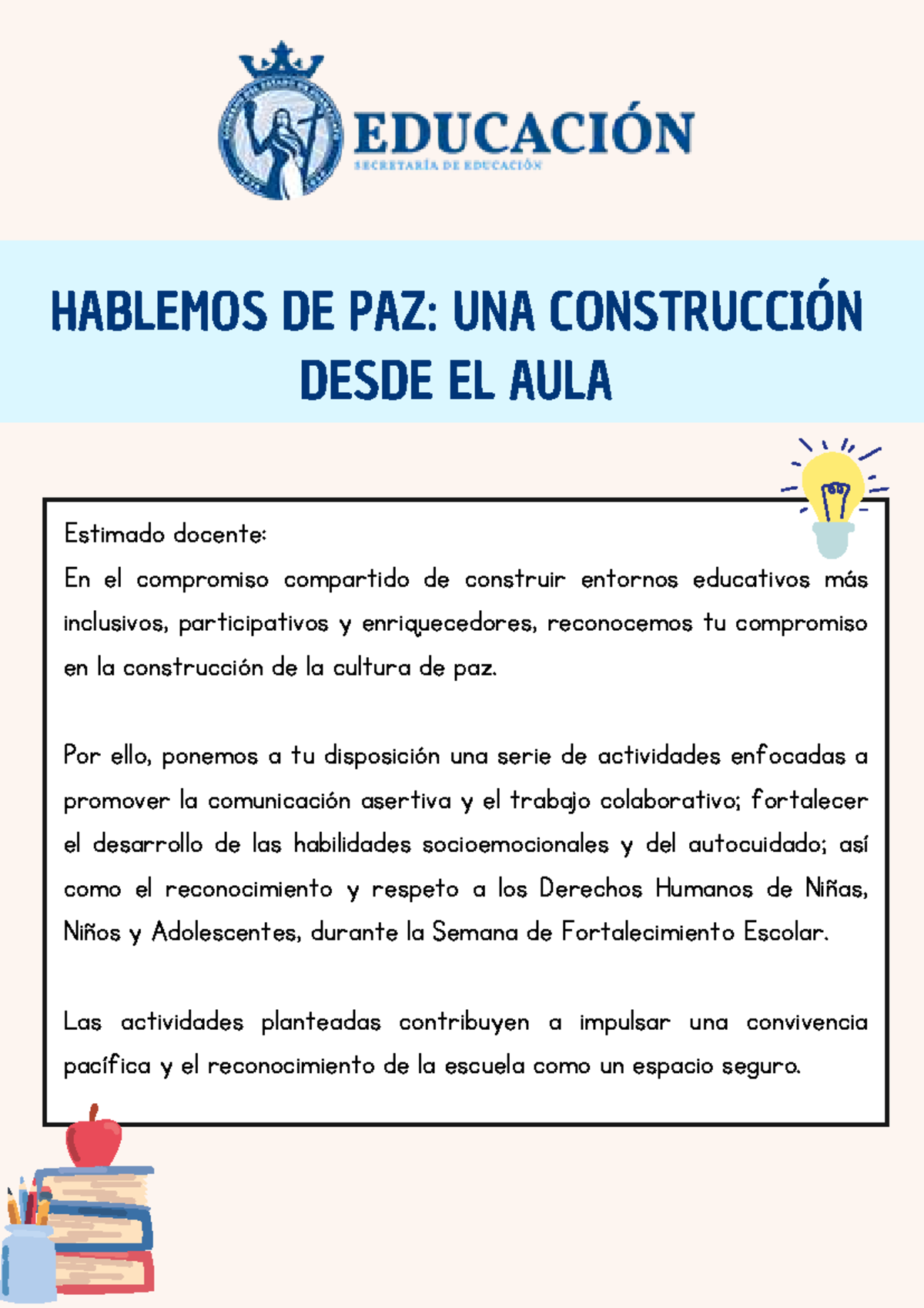 Actividades para la Semana de Fortalecimiento Escolar: Construyendo Paz ...
