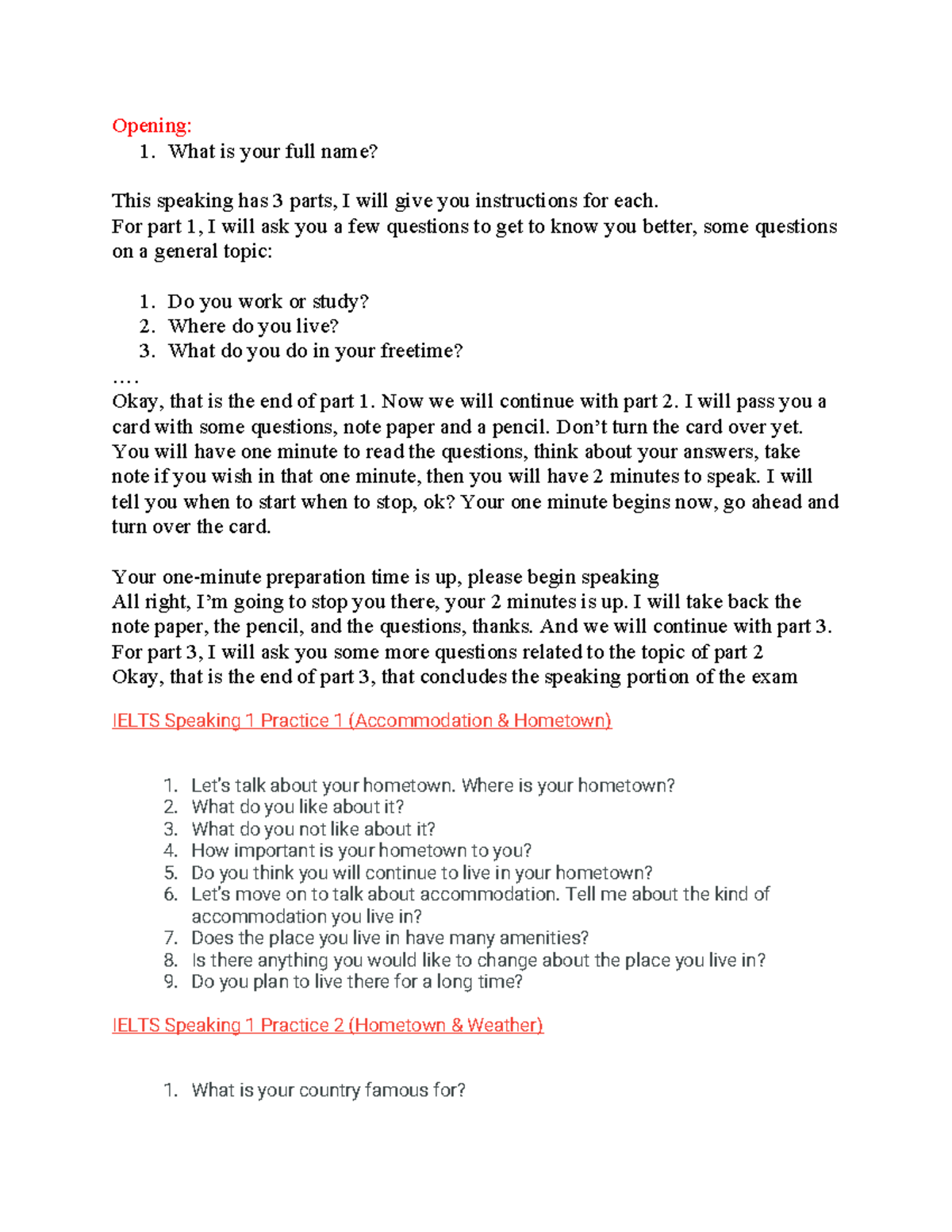 IELTS Speaking Part 1 Practice Questions for Effective Responses - Studocu